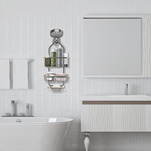 YUNWANG Bathroom Shower Caddy Over Shower Head,Stainless Steel Shower Caddy Hanging for Shampoo and Conditioner,Shower Rack with Hooks for Razors Towels,Sliver,24.8x11x3.9 Inch