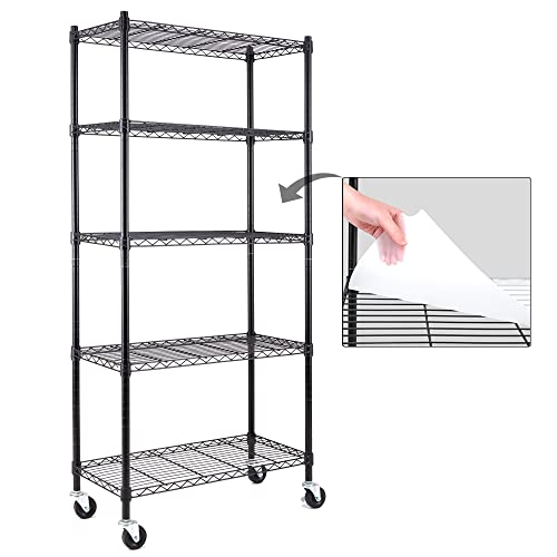 EZPEAKS 5-Shelf Shelving Units and Storage on 3'' Wheels with Shelf Liners Set of 5, NSF Certified, Adjustable Heavy Duty Carbon Steel Wire Shelving Unit (30W x 14D x 63.7H) Pole Diameter 1 Inch