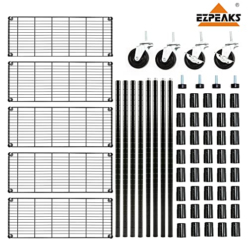 EZPEAKS 5-Shelf Shelving Units and Storage on 3'' Wheels with Shelf Liners Set of 5, NSF Certified, Adjustable Heavy Duty Carbon Steel Wire Shelving Unit (30W x 14D x 63.7H) Pole Diameter 1 Inch