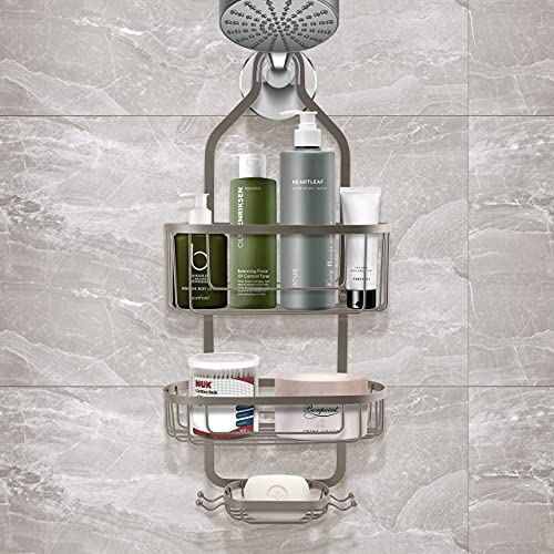 YUNWANG Bathroom Shower Caddy Over Shower Head,Stainless Steel Shower Caddy Hanging for Shampoo and Conditioner,Shower Rack with Hooks for Razors Towels,Sliver,24.8x11x3.9 Inch