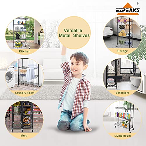 EZPEAKS 5-Shelf Shelving Units and Storage on 3'' Wheels with Shelf Liners Set of 5, NSF Certified, Adjustable Heavy Duty Carbon Steel Wire Shelving Unit (30W x 14D x 63.7H) Pole Diameter 1 Inch
