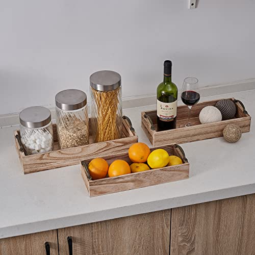 3pcs Burnt Narrow Wooden Serving Trays(13.8"/15.2"/16.5") with Decorative Antique Metal Handles - Sink Vanity Trays/Farmhouse Decor Rectangular Tray for Coffee Table/Bed Food,Breakfast,Dessert,Tea