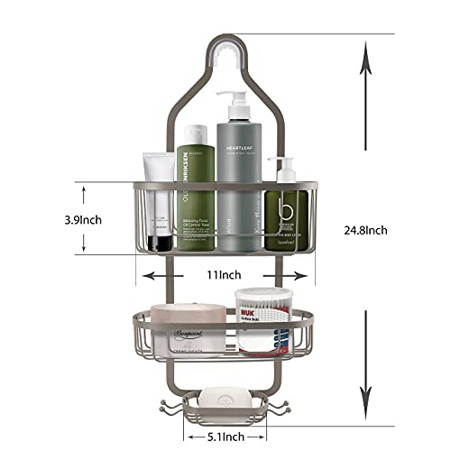 YUNWANG Bathroom Shower Caddy Over Shower Head,Stainless Steel Shower Caddy Hanging for Shampoo and Conditioner,Shower Rack with Hooks for Razors Towels,Sliver,24.8x11x3.9 Inch