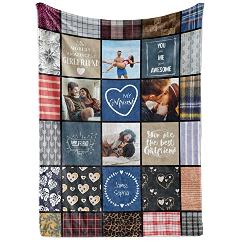 Romantic Gift for Girlfriend, Personalized Photo Collage Fleece or Sherpa Throw for Girlfriend's Birthday with Quilt Pattern, Customized Long Distance Relationship Present (Fleece5060)