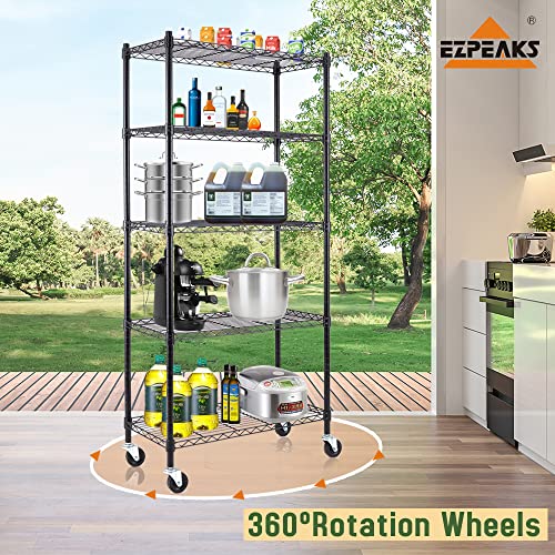 EZPEAKS 5-Shelf Shelving Units and Storage on 3'' Wheels with Shelf Liners Set of 5, NSF Certified, Adjustable Heavy Duty Carbon Steel Wire Shelving Unit (30W x 14D x 63.7H) Pole Diameter 1 Inch