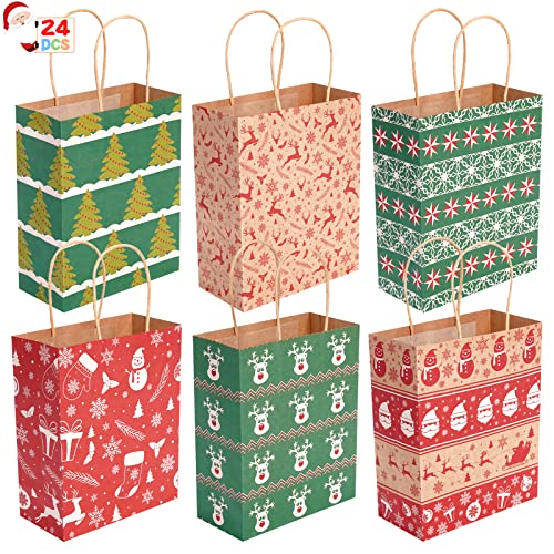NEWBEA 24Pcs Christmas Gift Bags with Handle Holiday Gift Bags 9x7.2x3.5 inch Xmas Kraft Gift Bags 6 Patterns Design for Christmas Holiday Party