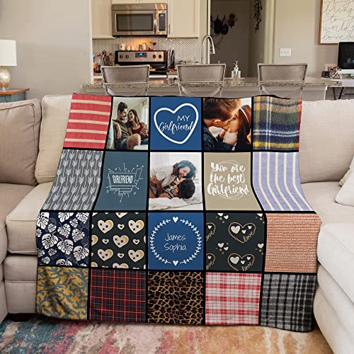 Romantic Gift for Girlfriend, Personalized Photo Collage Fleece or Sherpa Throw for Girlfriend's Birthday with Quilt Pattern, Customized Long Distance Relationship Present (Fleece5060)
