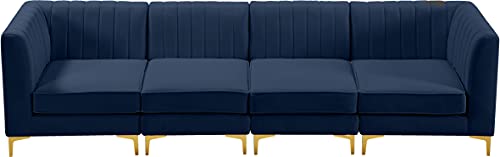 Meridian Furniture Alina Collection Velvet Upholstered Modular Sofa with Deep Channel Tufting, 119" Wide, Navy