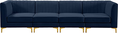Meridian Furniture Alina Collection Velvet Upholstered Modular Sofa with Deep Channel Tufting, 119" Wide, Navy