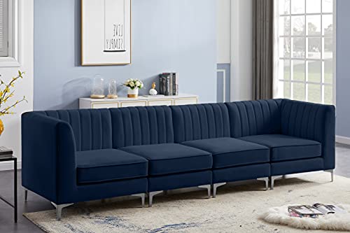 Meridian Furniture Alina Collection Velvet Upholstered Modular Sofa with Deep Channel Tufting, 119" Wide, Navy