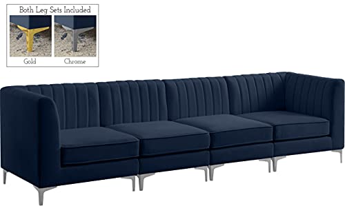 Meridian Furniture Alina Collection Velvet Upholstered Modular Sofa with Deep Channel Tufting, 119" Wide, Navy