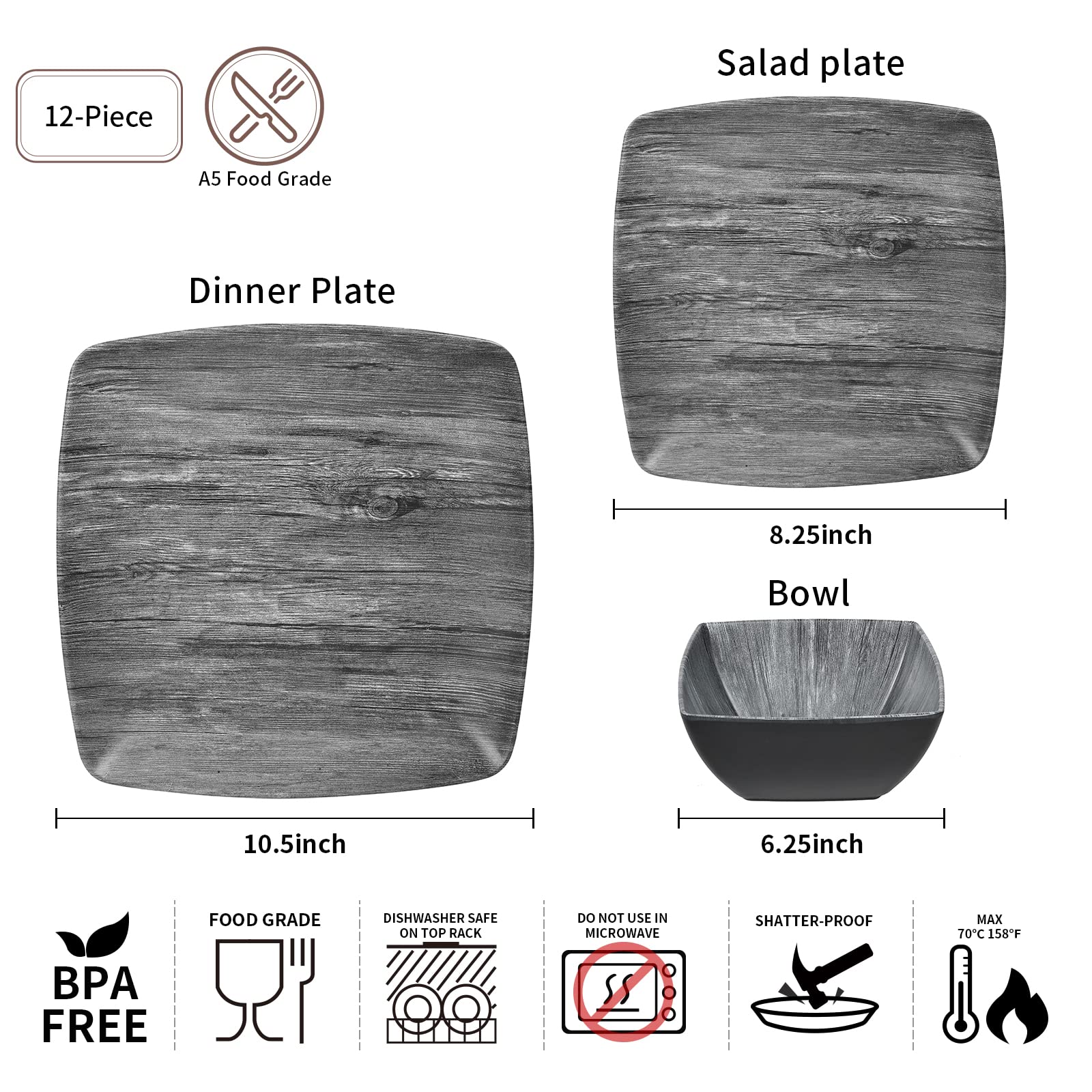 Melamine 12pcs Classic Square Dinnerware Set, Concise Plates and Bowls Set, Service for 4, Dishwasher Safe, Natural Wood Grain Design,black wood
