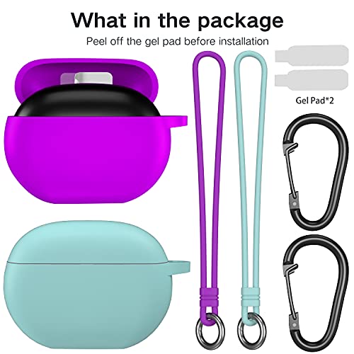 Kanya Case Compatible Beats Studio Buds,2 Packs Full Protective Shockproof Anti-Slip Silicone Case Cover with Carabiner and Silicone Hand Strap for Beats Studio Buds 2021 (Deep Purple+Mint Green)