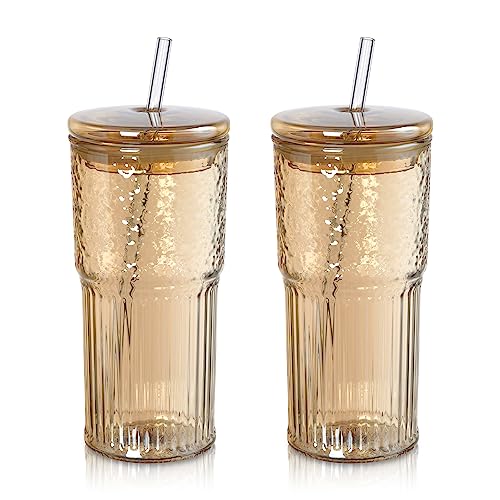 Joeyan 22 oz Amber Glass Tumbler with Straw and Lid for Iced Tea Coffee Smoothie Water Juice Beverages Soda,Ribbed Glasses Cups,Borosilicate Drinking Jar,Set of 2,Dishwasher Safe
