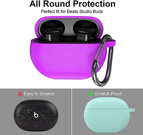 Kanya Case Compatible Beats Studio Buds,2 Packs Full Protective Shockproof Anti-Slip Silicone Case Cover with Carabiner and Silicone Hand Strap for Beats Studio Buds 2021 (Deep Purple+Mint Green)