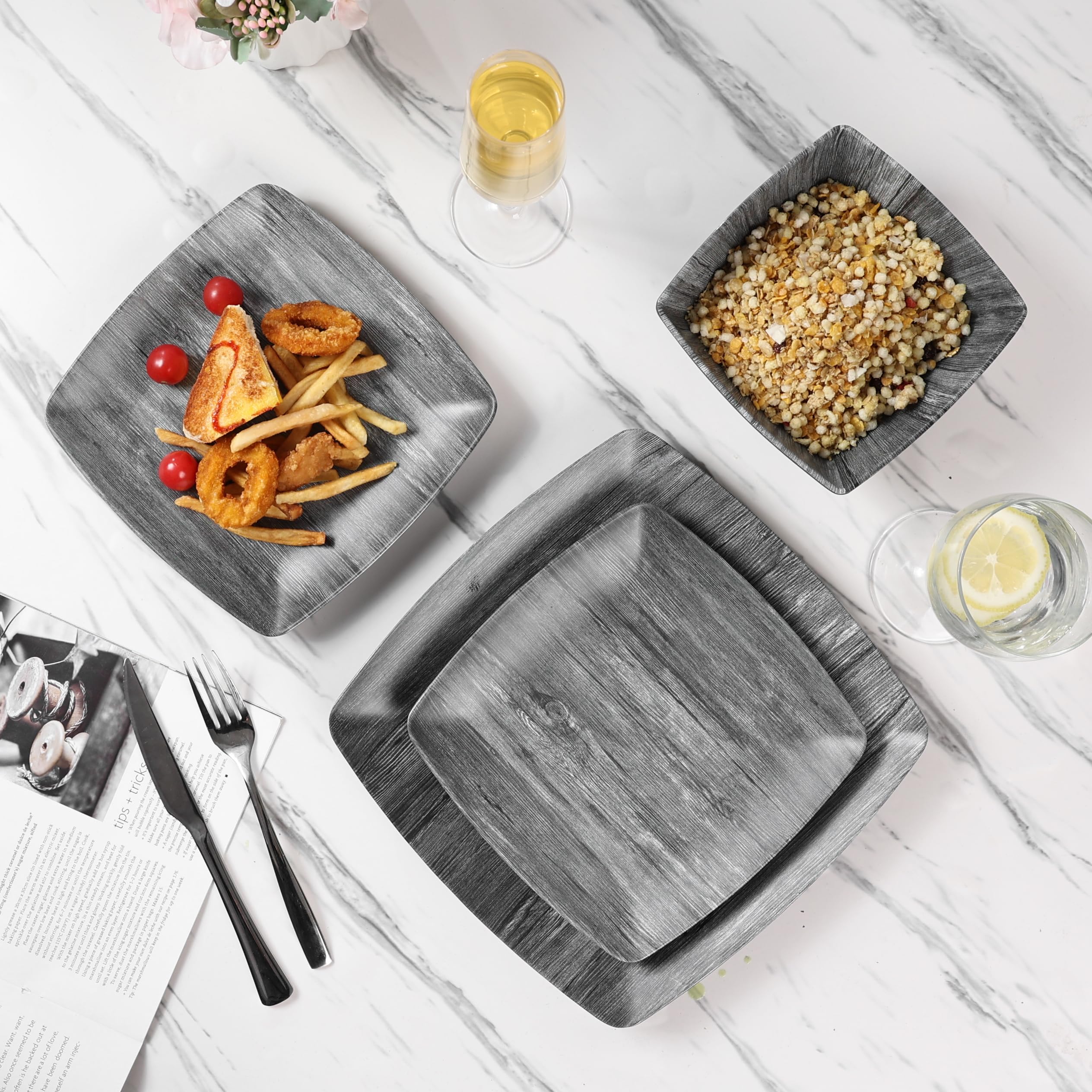Melamine 12pcs Classic Square Dinnerware Set, Concise Plates and Bowls Set, Service for 4, Dishwasher Safe, Natural Wood Grain Design,black wood