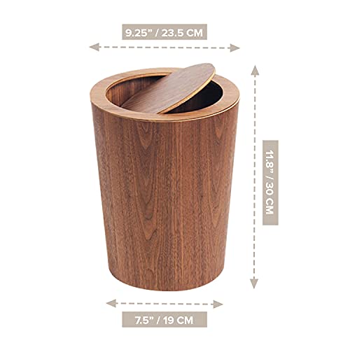 Modern Round Trash Can with Lid - Solid Real Wood Waste Basket in Walnut - 8L/2.1Gal - 9.25"x7.5"x11.8" Swing Top Small Trash Can - Decorative Small Garbage Can for Bedroom, Living Room, Office & Bathroom Farmhouse Loft Wooden Style
