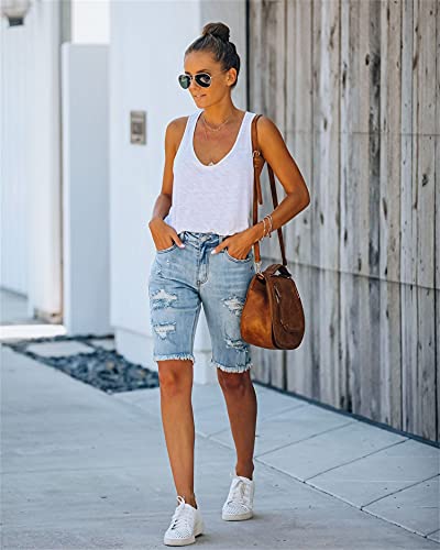 Women's Distressed Bermuda Jean Shorts Casual Summer Knee Lenght Jeans With Hole Stretchy Washed Ripped Short Denim Pants (Blue,Medium)