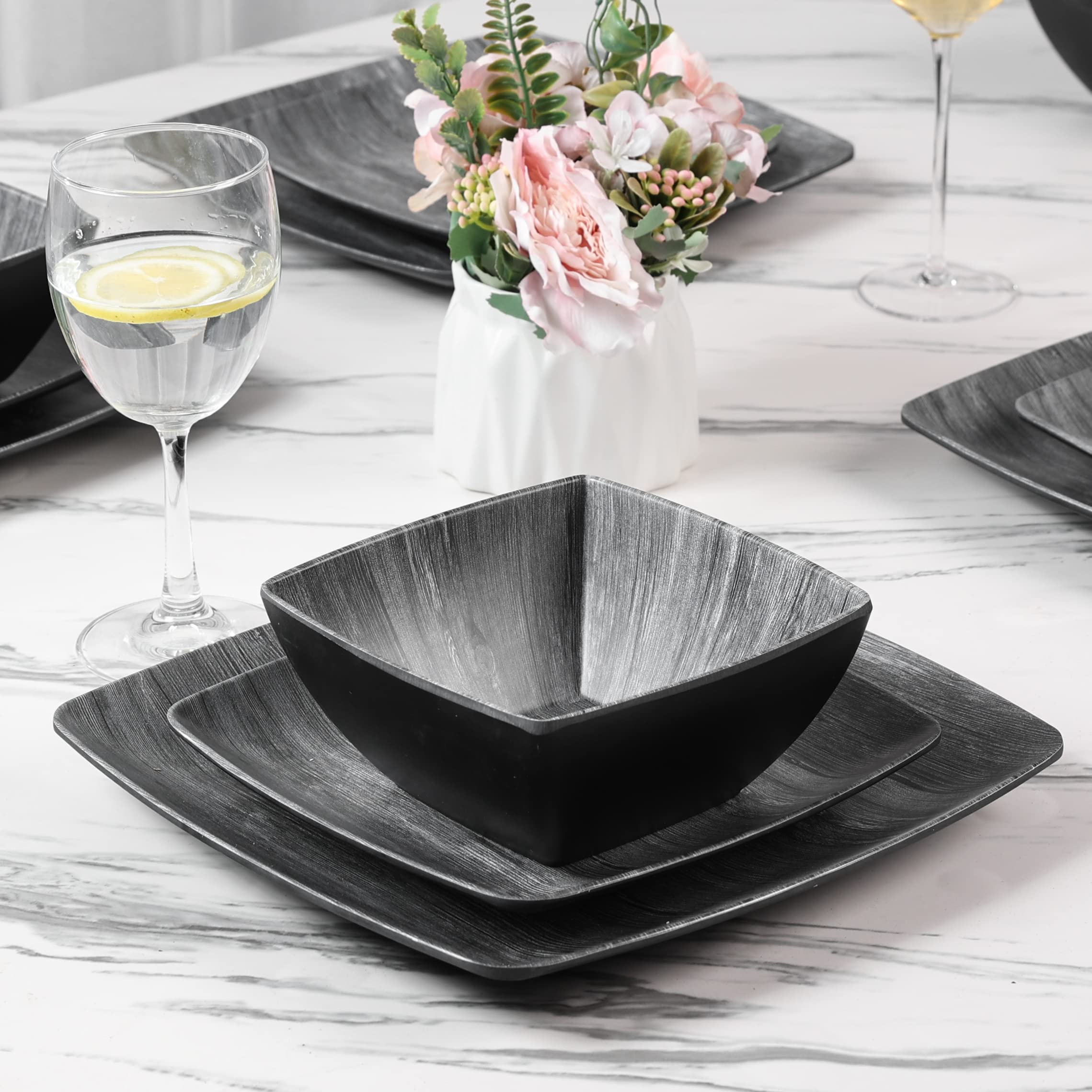 Melamine 12pcs Classic Square Dinnerware Set, Concise Plates and Bowls Set, Service for 4, Dishwasher Safe, Natural Wood Grain Design,black wood
