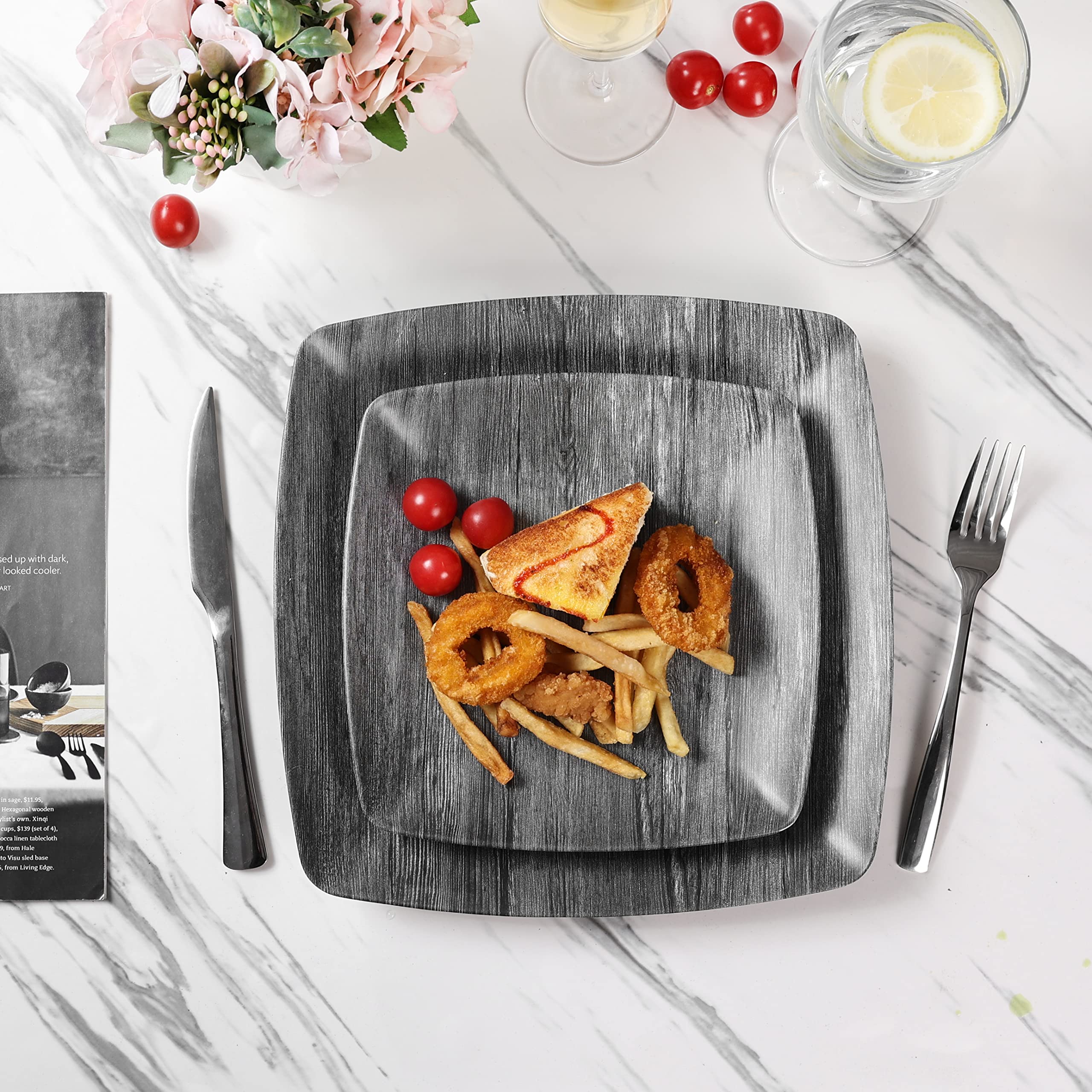 Melamine 12pcs Classic Square Dinnerware Set, Concise Plates and Bowls Set, Service for 4, Dishwasher Safe, Natural Wood Grain Design,black wood
