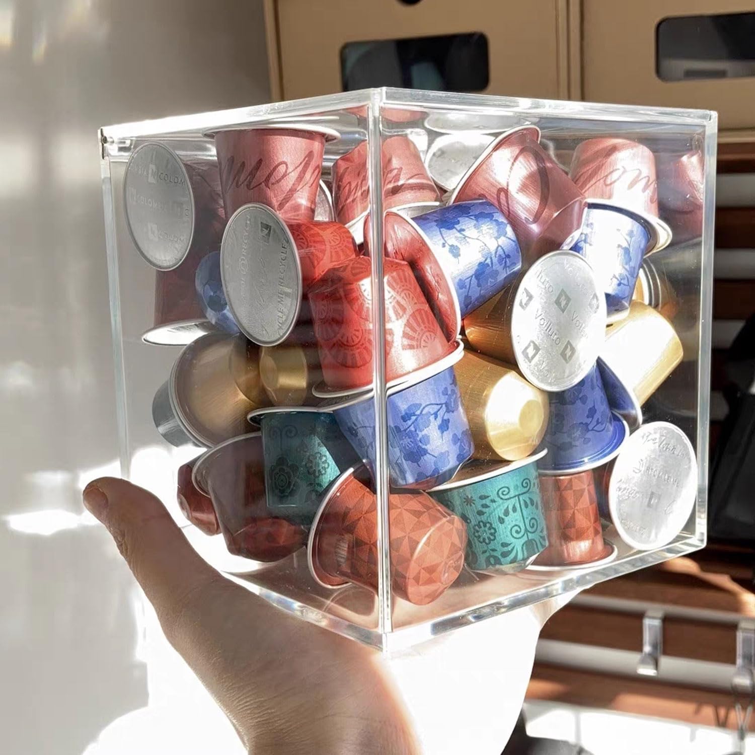 DARENYI Coffee Pod Holder with Lid, 5 x 5 inch Acrylic Storage Box for Nespresso VertuoLine Capsule K Cup Kcup Holder Coffee Pod Tea Bag Candy Storage Organizer Container