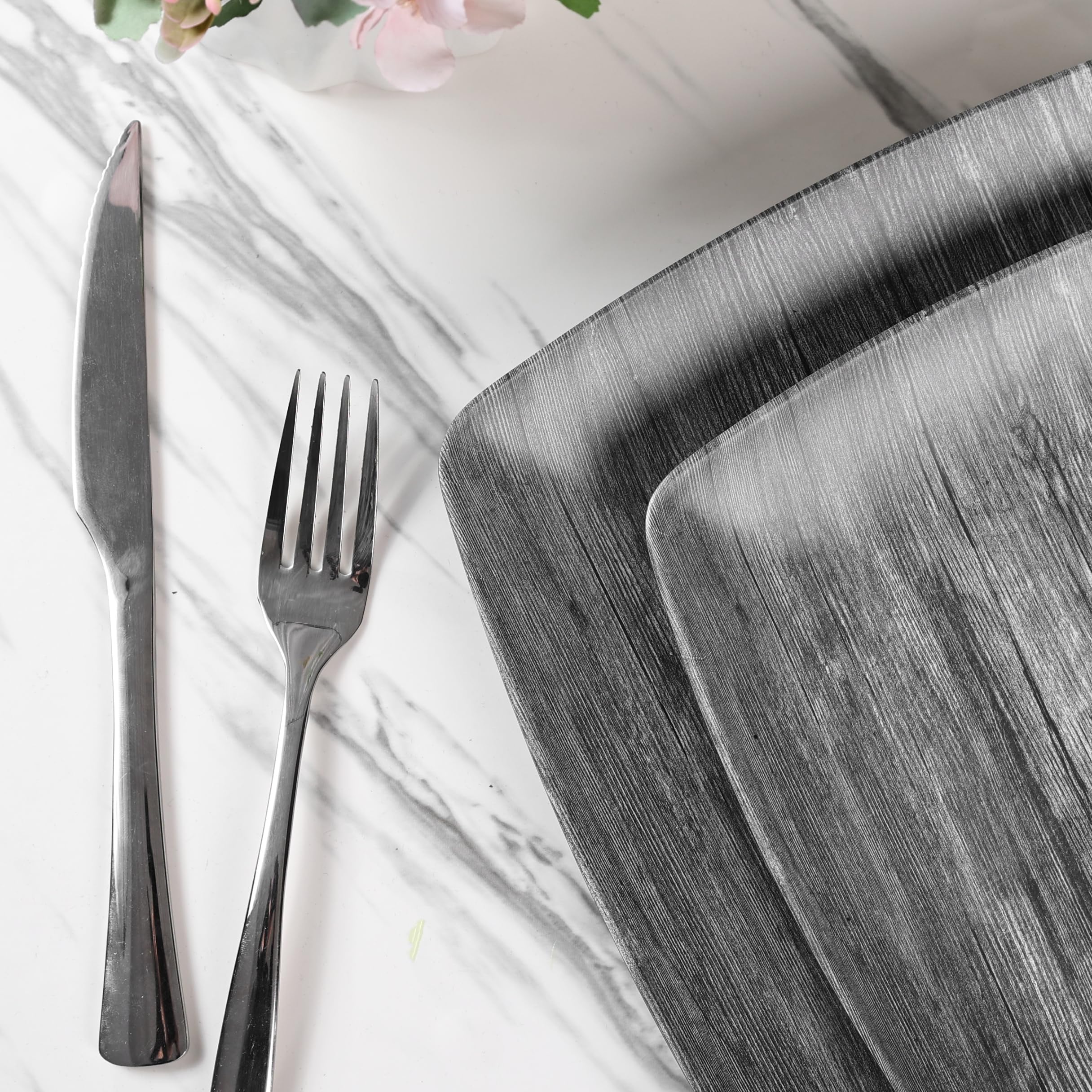 Melamine 12pcs Classic Square Dinnerware Set, Concise Plates and Bowls Set, Service for 4, Dishwasher Safe, Natural Wood Grain Design,black wood