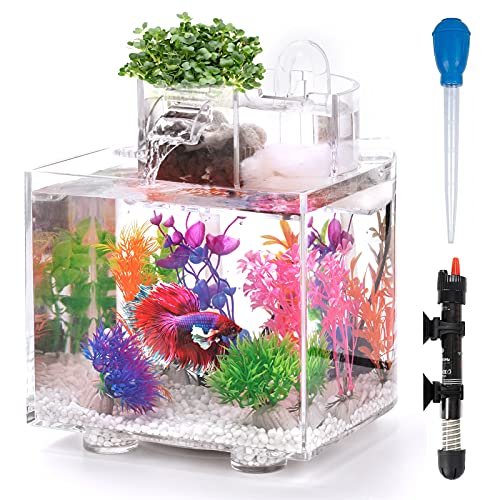 Betta Fish Tank, 1.6 Gallon Aquarium, Upgrade Hydroponics Growing System, Beta Fish Tank Self Cleaning with Heater and Filter, Aquaponic Fish Bowls Decorations and Accessories for Water Plant Garden