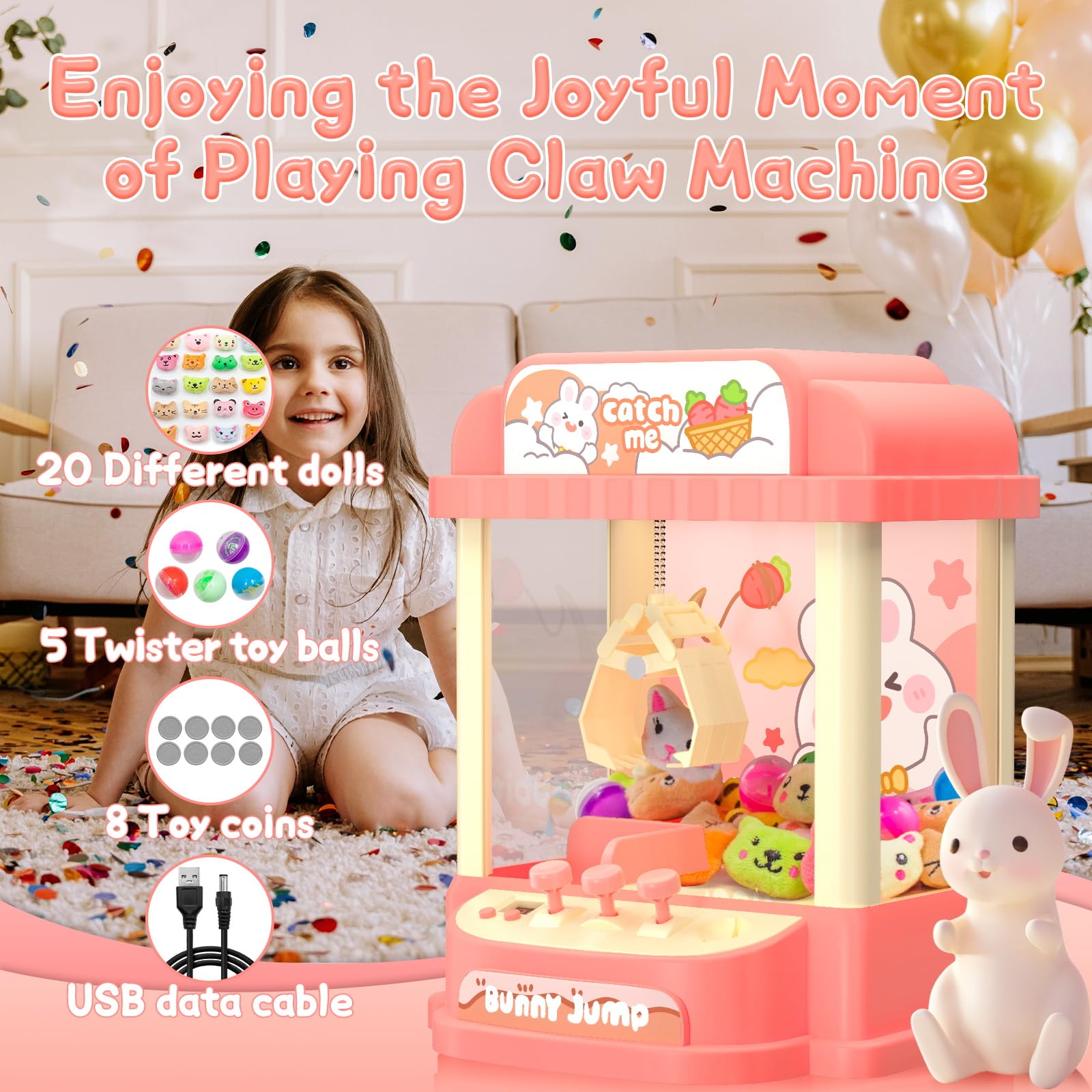 Florarich Mini Claw Machine for Kids with Prizes, Candy Vending Machine Toy, Electronic Arcade Game Prize Dispenser with 60-Second Countdown, and 25 Mini Toys, Great Birthday Gifts for 3-9 Year Olds