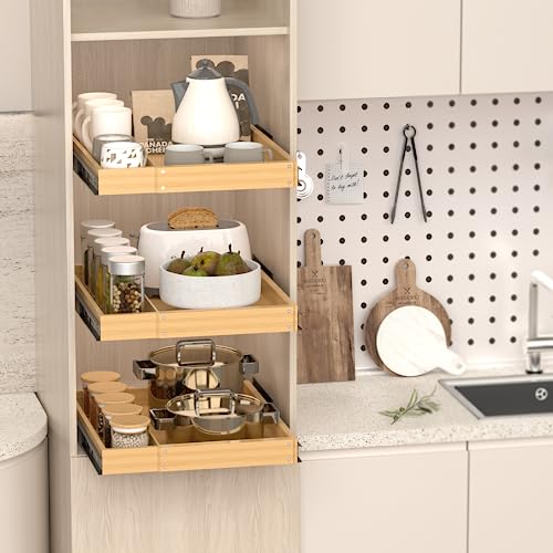 WEJIPP Pull Out Cabinet Drawer Organizer Expendable Sliding Bamboo Wood Storage Rack Organization Gliding Cupboard Shelf for Kitchen Pantry, Slide Out Spice Rack Container Organizer