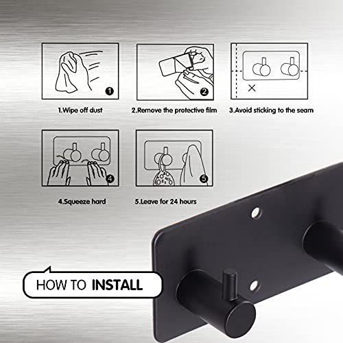 Black Adhesive Towel Hooks for Bathrooms Wall Mount no drill Shower heavy duty Wall Hook self adhesive towel rack Stick On Wall Coats Hooks Stainless Steel Adhesive hanger for Kitchen,Door,Key,4 Hooks