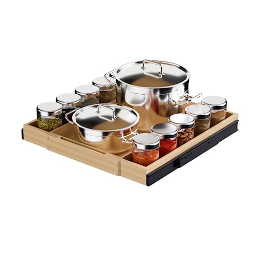 WEJIPP Pull Out Cabinet Drawer Organizer Expendable Sliding Bamboo Wood Storage Rack Organization Gliding Cupboard Shelf for Kitchen Pantry, Slide Out Spice Rack Container Organizer
