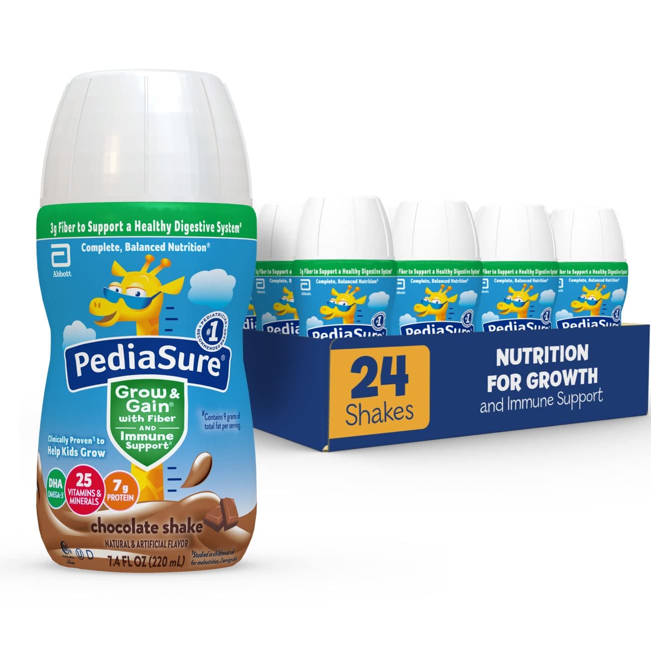 PediaSure Grow & Gain with Fiber, 3g Fiber to Support a Healthy Digestive System, Nutrients for Immune Support, Kids Nutritional Shake, DHA Omega-3, Non-GMO, Chocolate, 7.4 fl oz (Pack of 24)