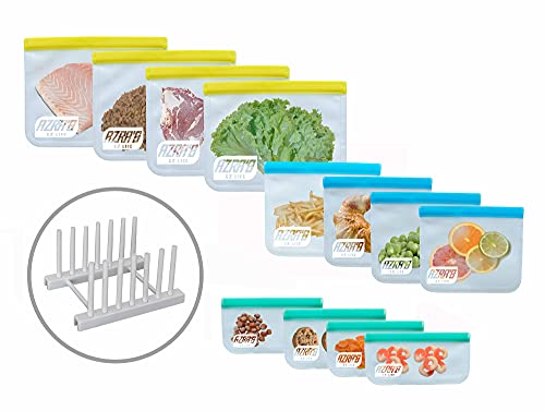 Reusable Storage Bags ā 12 Pack BPA FREE PEVA LEAKPROOF Ziplock Freezer Bags (4 Gallon Bags, 4 Sandwich Bags, 4 Snack Bags) EXTRA THICK Resealable Bags for Meat Fruit Veggies