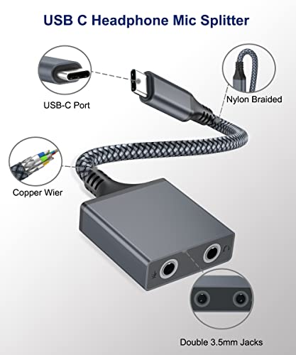 iAlegant USB C Microphone Adapter, USB C to Dual 3.5mm Female Aux Headphone Adapter, USB C to 3.5mm Splitter Mic Audio Adapter for Samsung S21 Note 20, Pixel 4 3 XL, iPad Pro 2020,MacBook Pro