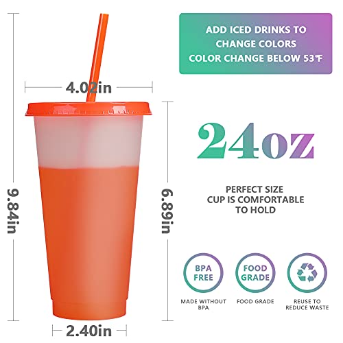 Reusable Plastic Tumblers with Lids & Straws - 9 Pcs 24oz Large Color Changing Cups for Adults Kids Women Party | Tall Iced Cold Straw Drinking Cute Tumbler Cup Bulk