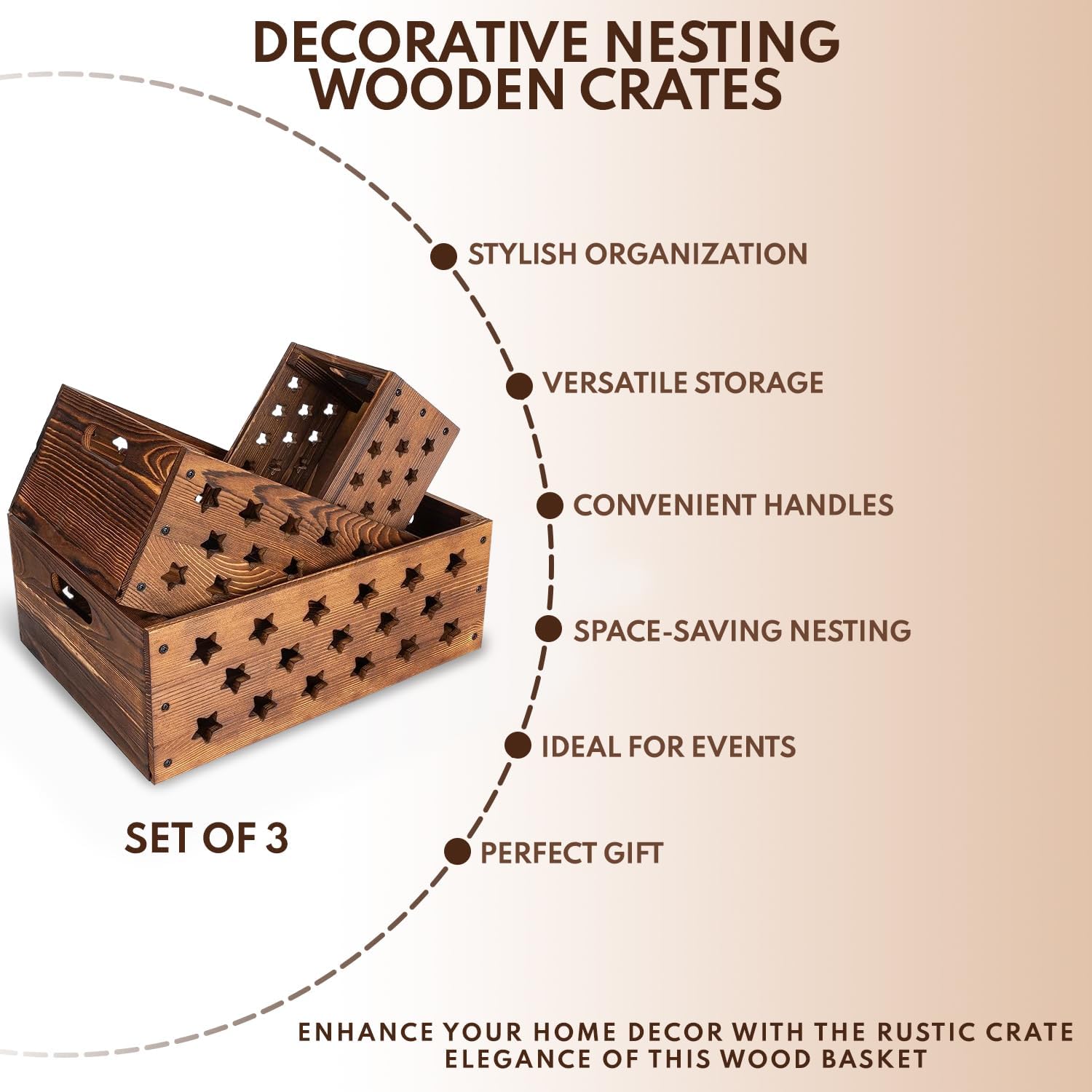 AONEHOME Set of 3 Decorative Nesting Wooden Crates with Handles, Wood Crates for Organizing Home and Kitchen, storage crates, Crates for Decoration, Wooden Crate (Rustic, Rustic Brown)