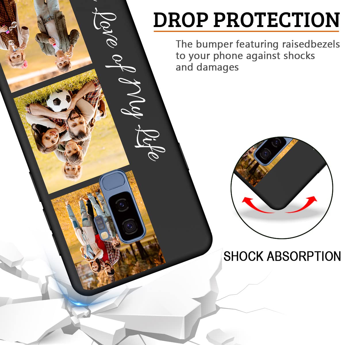 SuSuTiFy Custom Personalized Phone Case for Samsung Galaxy S9 Plus Design Your Own Multi Picture Collage Slim Soft Black Phone Cover for Family Friends Couple Gift