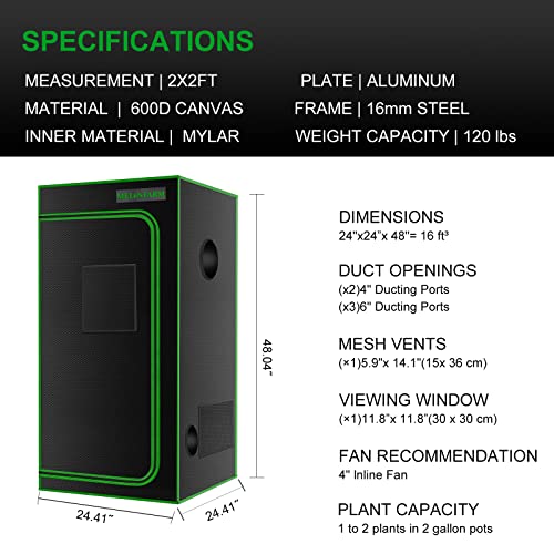 MELONFARM 2x2 Grow Tent 24"x24"x48''Reflective 600D Mylar Hydroponic with Observation Window, Floor Tray and Tool Bag for Indoor Plant Growing