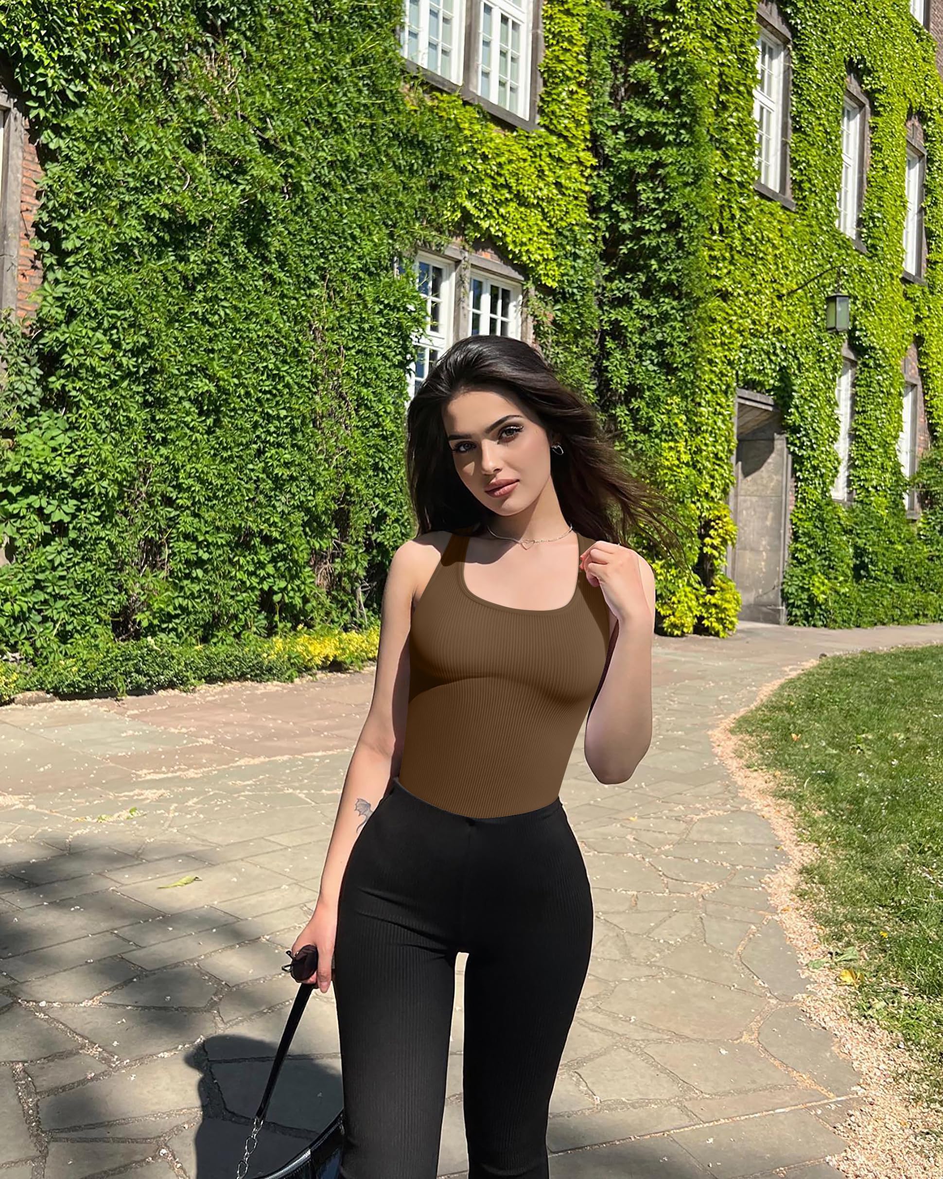 OQQ Women's 3 Piece Bodysuits Sexy Ribbed Sleeveless Racerback Tank Tops Bodysuits Black Coffee Beige