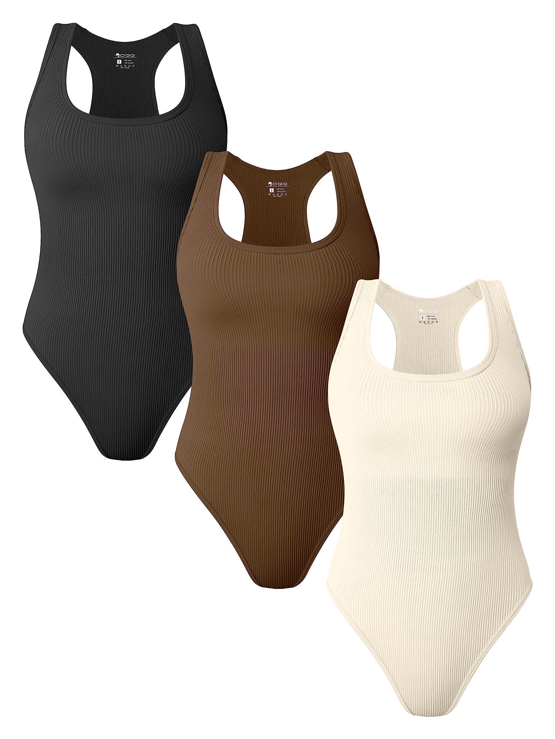 OQQ Women's 3 Piece Bodysuits Sexy Ribbed Sleeveless Racerback Tank Tops Bodysuits Black Coffee Beige