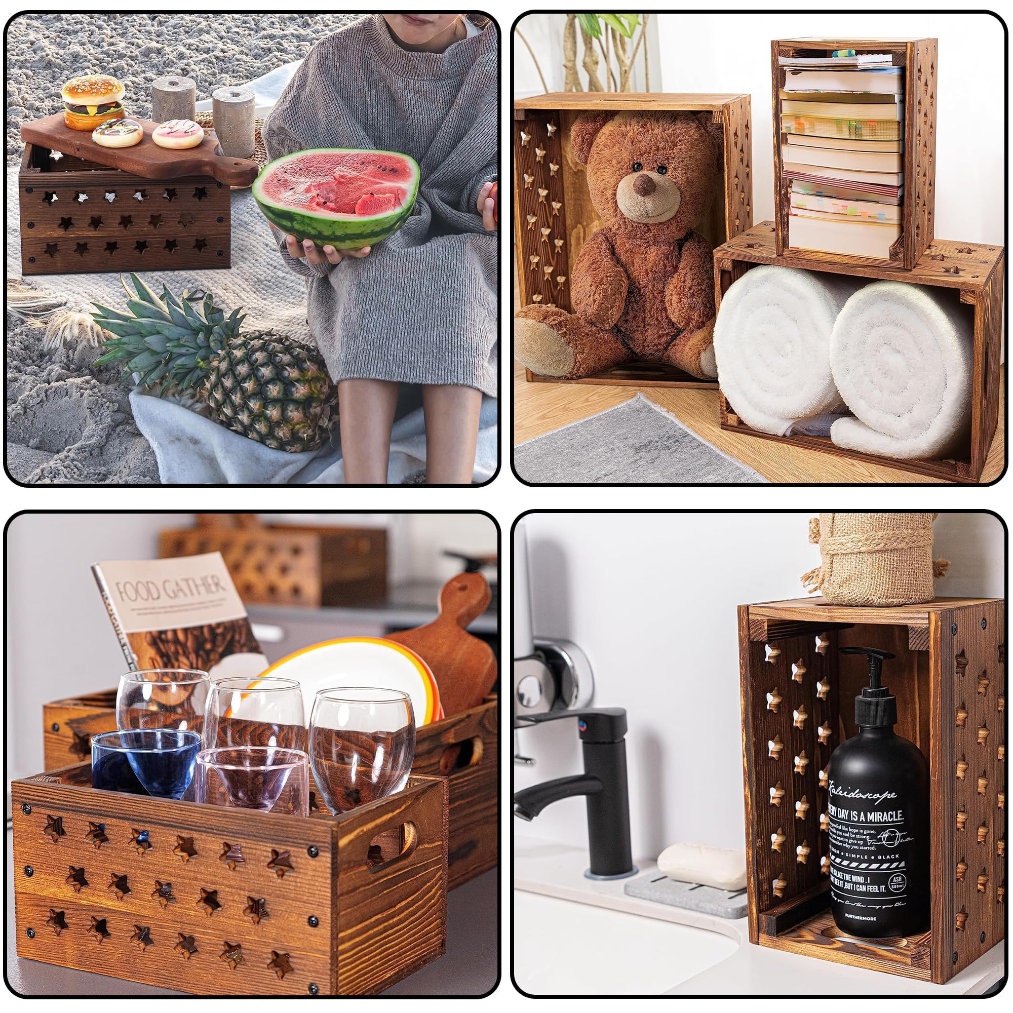 AONEHOME Set of 3 Decorative Nesting Wooden Crates with Handles, Wood Crates for Organizing Home and Kitchen, storage crates, Crates for Decoration, Wooden Crate (Rustic, Rustic Brown)