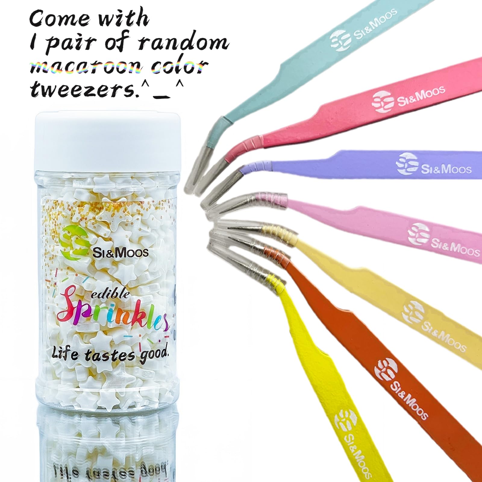 SE Si&Moos White Star Sprinkles Edible White Stars for Cake Decorating Star Icing Decorations Edible Stars Large and Small Christmas Cookie Decorations White Sprinkles for Cake,Cupcakes 3 OZ with Tweezers