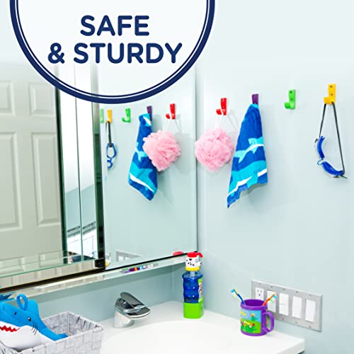 Toughook Heavy Duty Hooks for Hanging Coats, Jackets, Backpacks, Baseball Hats - Wall Mounted Rainbow Color Hangers for Kids, Perfect Hook for Classrooms, Bathroom Robes and Towels | J Hook 7-Pack