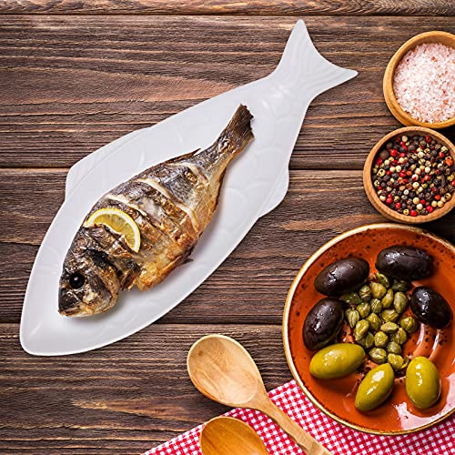 Cabilock Fish Shaped Dish Ceramic Dinner Plate Food Plate Dessert Appetizer Platter Snack Tray Server Fish Decor for Home Restaurant White