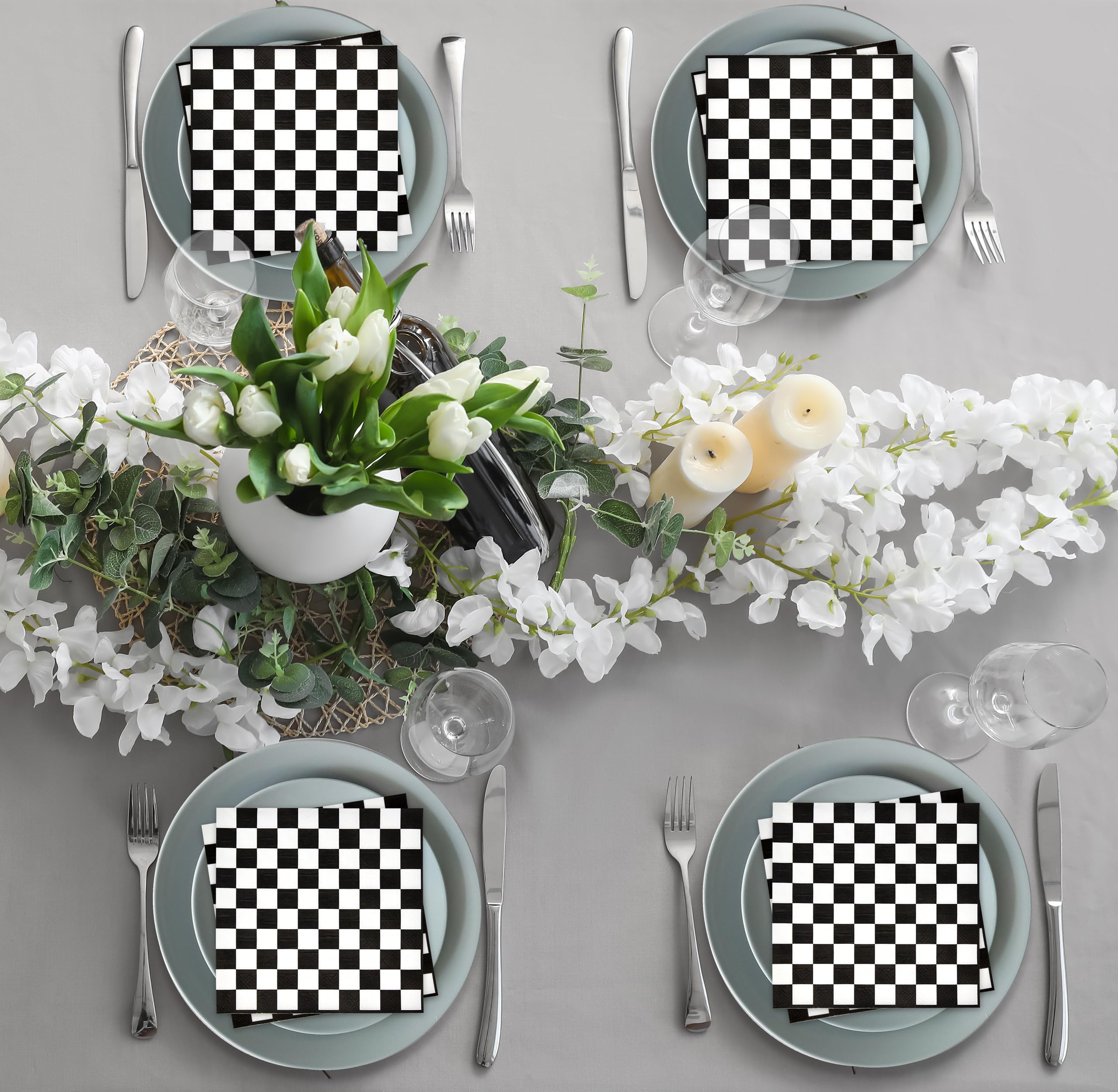 Gift Boutique 100 Black & White Checkered Luncheon Napkins Disposable Paper Checkered Plaid Lunch Napkin for Racing Car Picnic Camping Birthday Party
