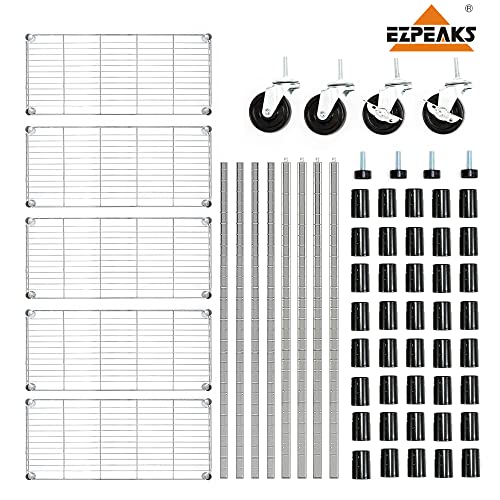 EZPEAKS Chrome 5-Shelf Shelving Unit on 3'' Wheels with Shelf Liners Set of 5, NSF Certified, Adjustable Heavy Duty Steel Wire Shelving Rack (30W x 14D x 63.7H) Pole Diameter 1 Inch