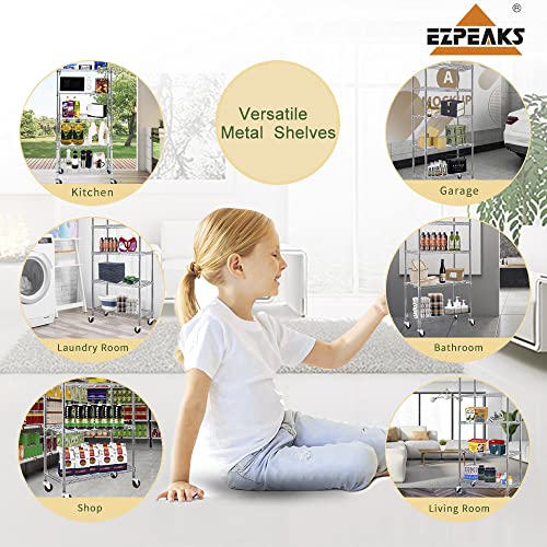 EZPEAKS Chrome 5-Shelf Shelving Unit on 3'' Wheels with Shelf Liners Set of 5, NSF Certified, Adjustable Heavy Duty Steel Wire Shelving Rack (30W x 14D x 63.7H) Pole Diameter 1 Inch
