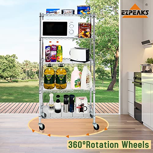 EZPEAKS Chrome 5-Shelf Shelving Unit on 3'' Wheels with Shelf Liners Set of 5, NSF Certified, Adjustable Heavy Duty Steel Wire Shelving Rack (30W x 14D x 63.7H) Pole Diameter 1 Inch