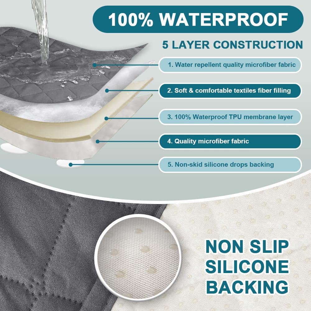 Turquoize 2 Pack Waterproof Armrest Covers for Chairs and Sofas Couch Arm Covers for Sofa Armrest Covers with Side Pocket Anti-Slip Furniture Protector Washable Armrest Slipcovers Set of 2, Gray