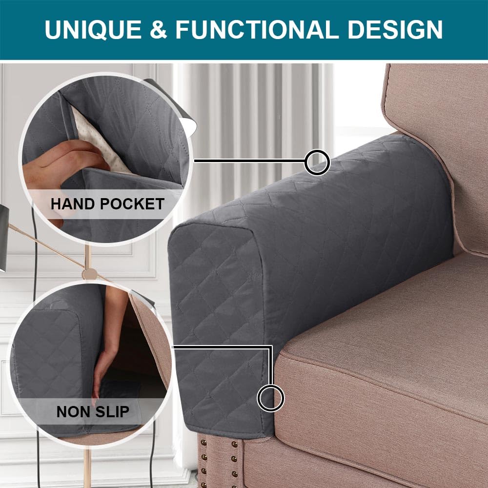 Turquoize 2 Pack Waterproof Armrest Covers for Chairs and Sofas Couch Arm Covers for Sofa Armrest Covers with Side Pocket Anti-Slip Furniture Protector Washable Armrest Slipcovers Set of 2, Gray